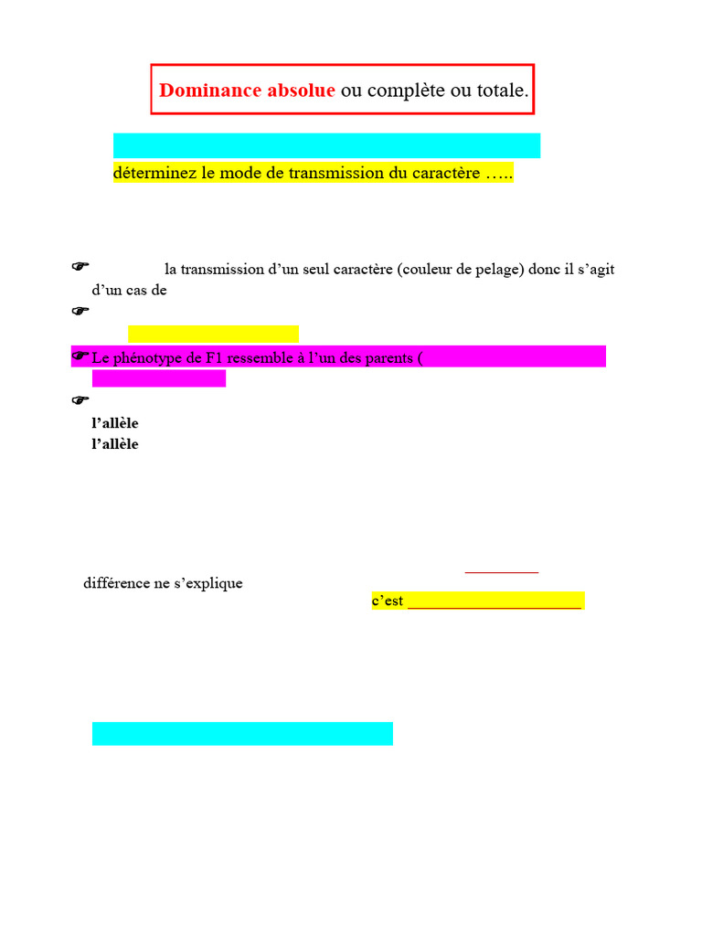Monohybridisme et Dominance Absolue | PDF | Dominance (Génétique ...