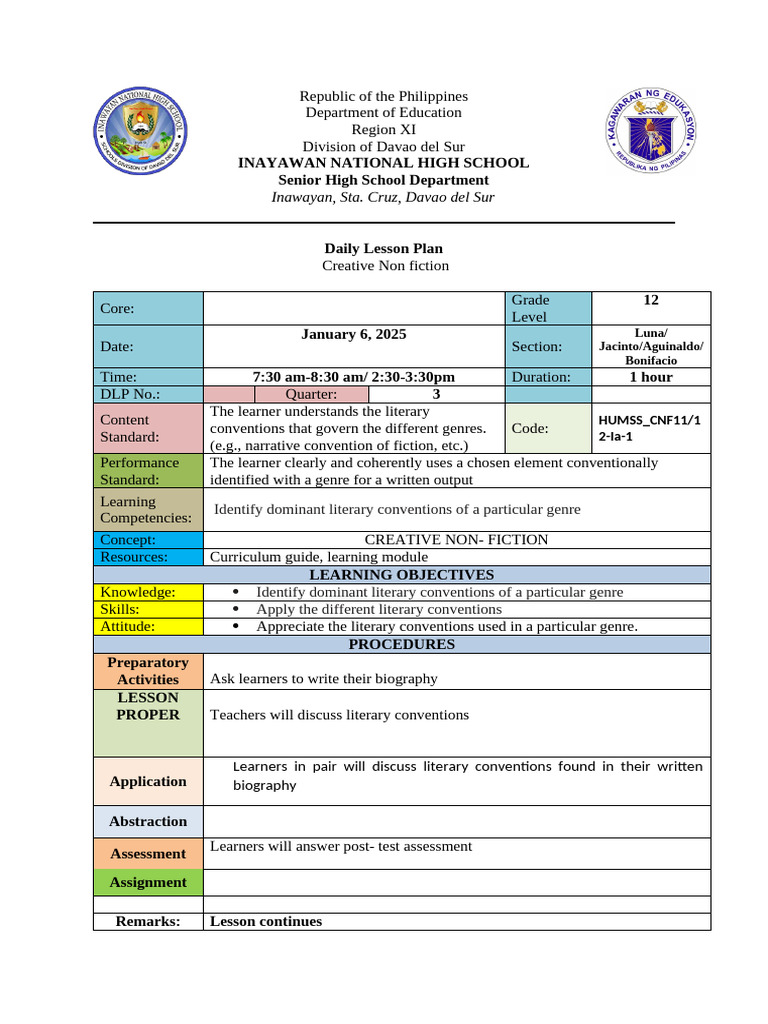 Grade 12 Creative Non-Fiction Lesson Plan | PDF | Learning | Lesson Plan