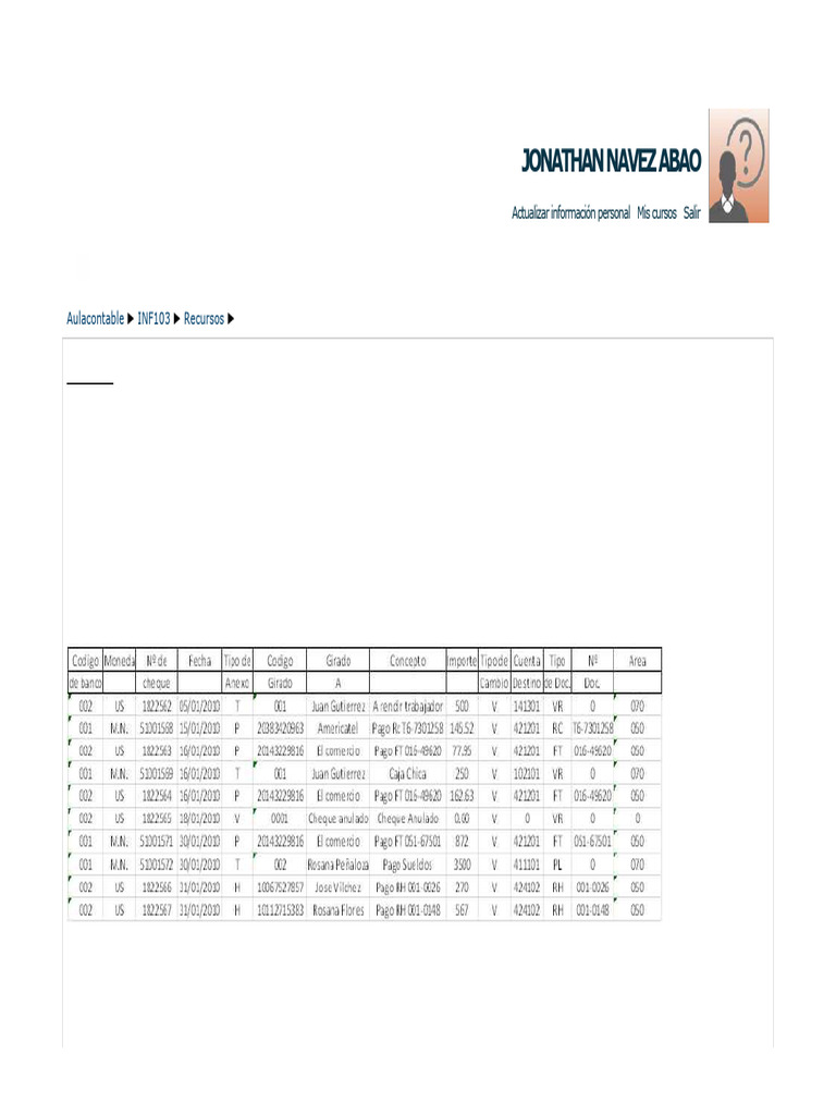Registro de Cheques: Guía INF103 | PDF