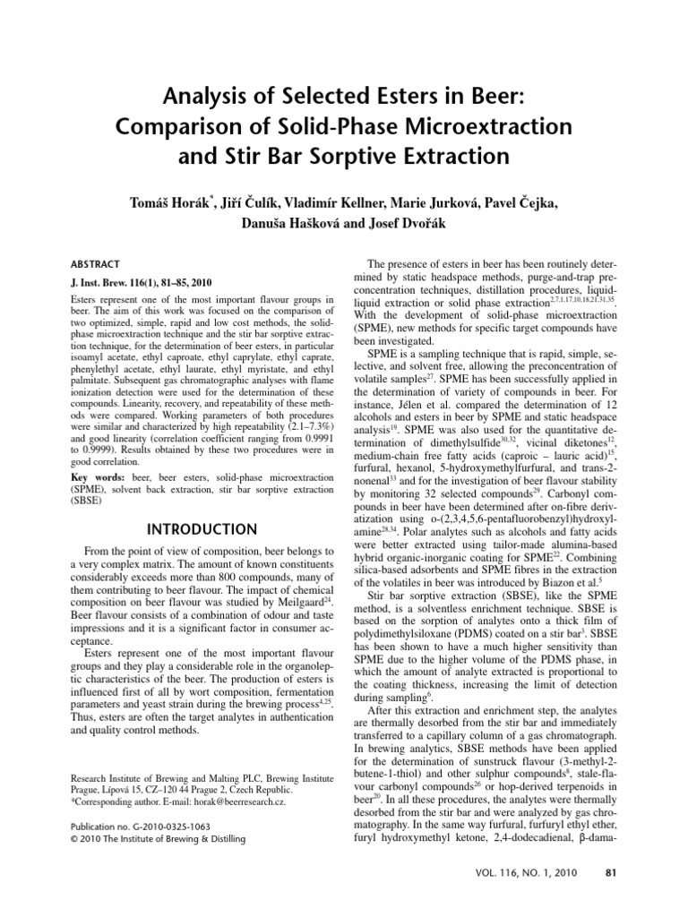 J Institute Brewing 2012 Horák Analysis Of Selected Esters In Beer Comparison Of Solid