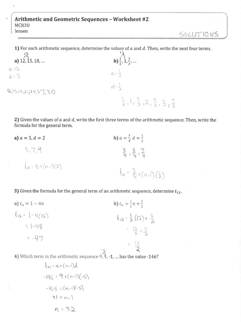 Arithmetic and Geometric Sequences Worksheet 2 SOLUTIONS | PDF