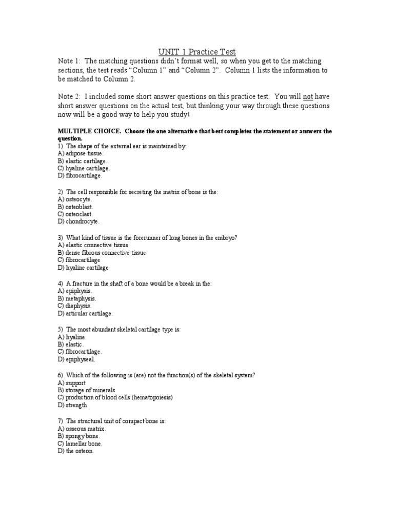 Unit 1 Practice Exam | PDF | Bone | Muscle Contraction