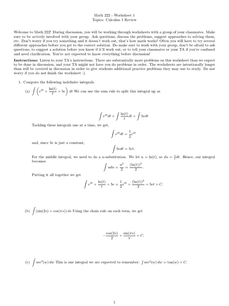 222 Spring 2021 Worksheet 1 Solutions | PDF | Integral | Mathematics