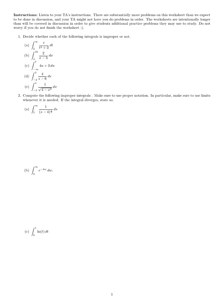 Improper Integral Practice Worksheet | PDF | Mathematical Analysis ...