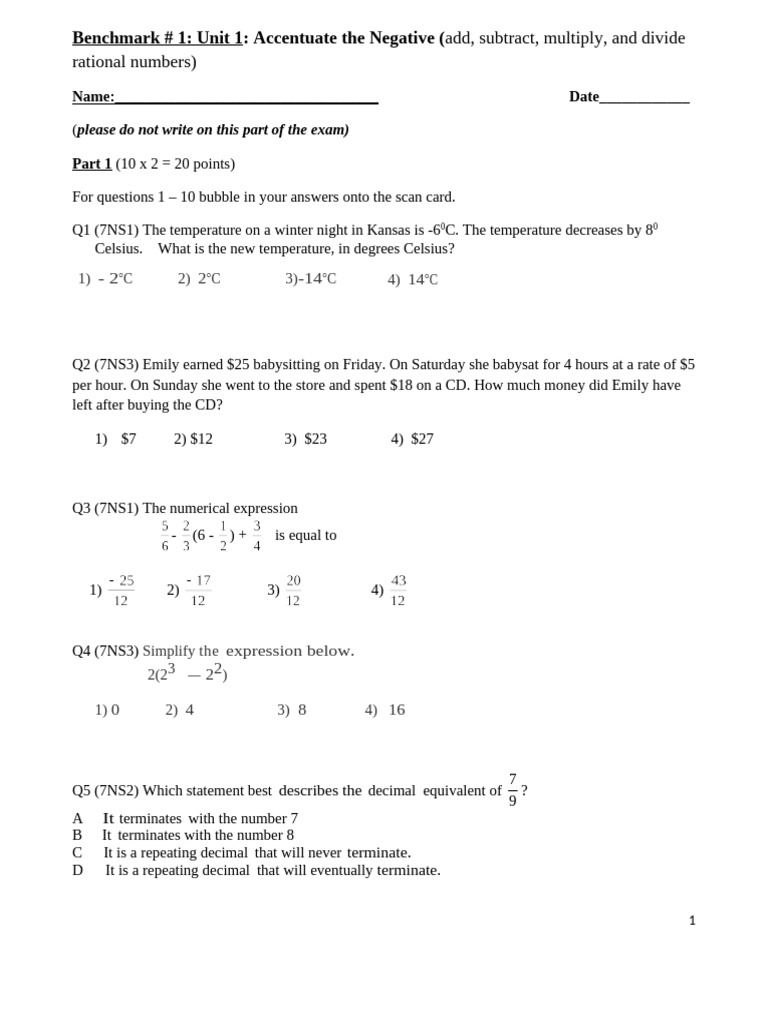 Benchmark 1 Accentuate The Negative Exam Part 1 | PDF | Arithmetic ...