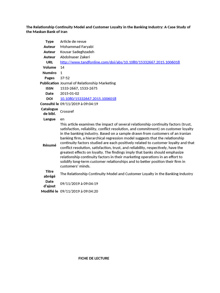 FICHE DE LECTURE The Relationship Continuity Model and Customer Loyalty ...