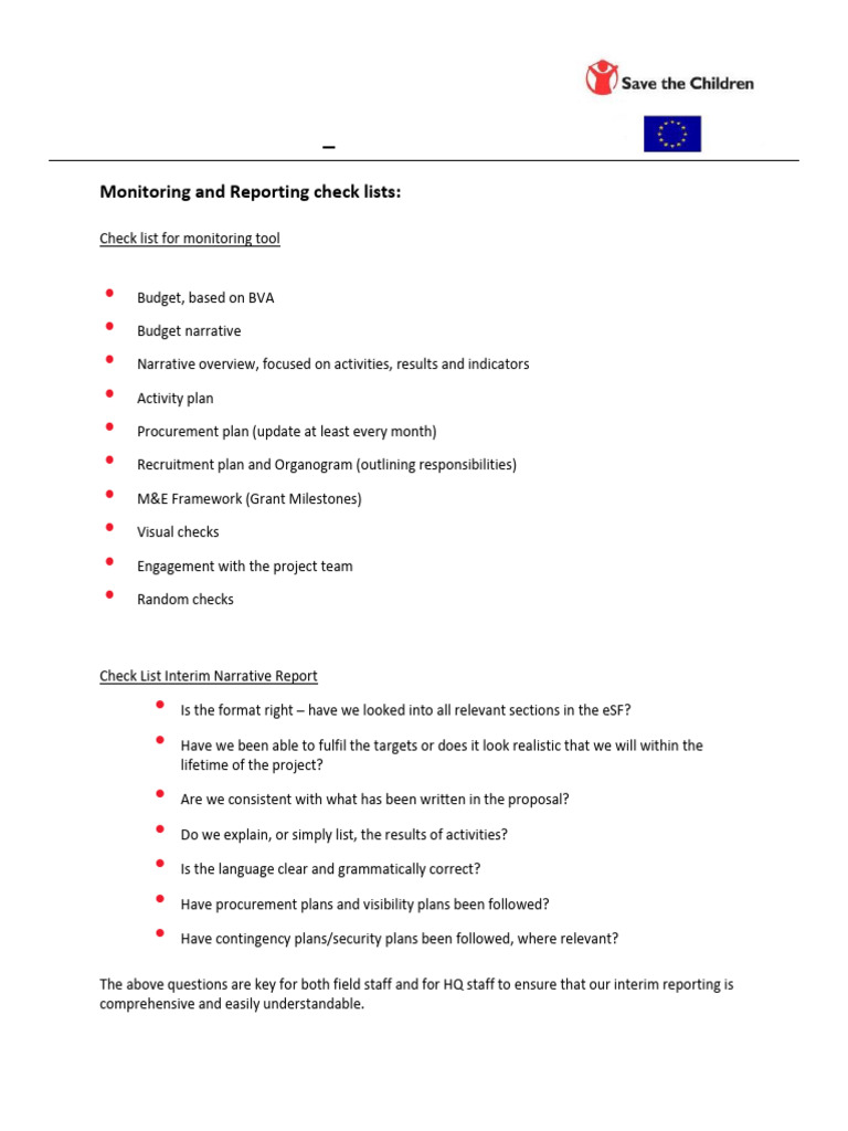 ECHO Monitoring and Reporting Checklist Internal | PDF