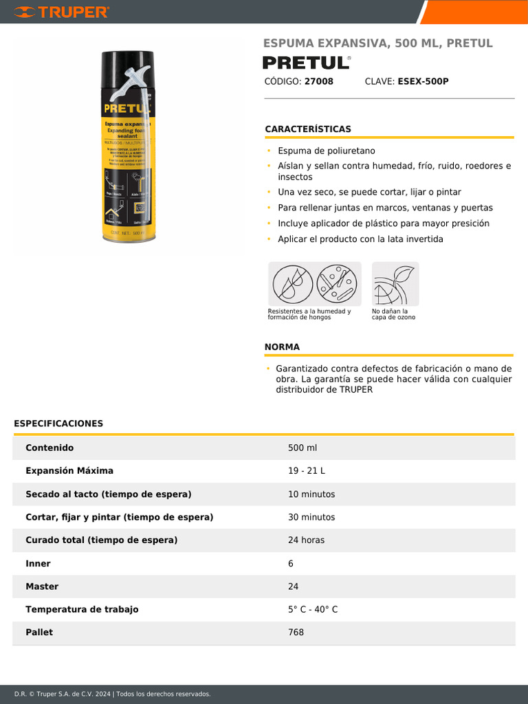 Espuma Expansiva, 500 ML, Pretul: Características | PDF