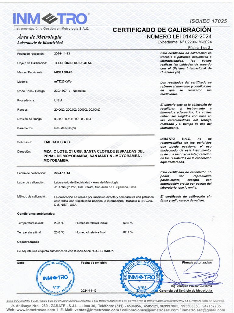 Certificado de Calibración Megabras | PDF