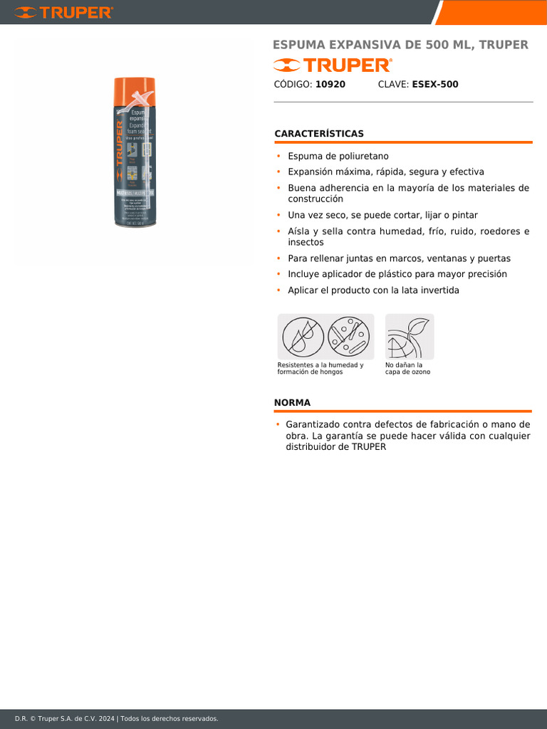 Espuma Expansiva de 500 ML, Truper: CÓDIGO: 10920 CLAVE: ESEX-500 | PDF | Materiales