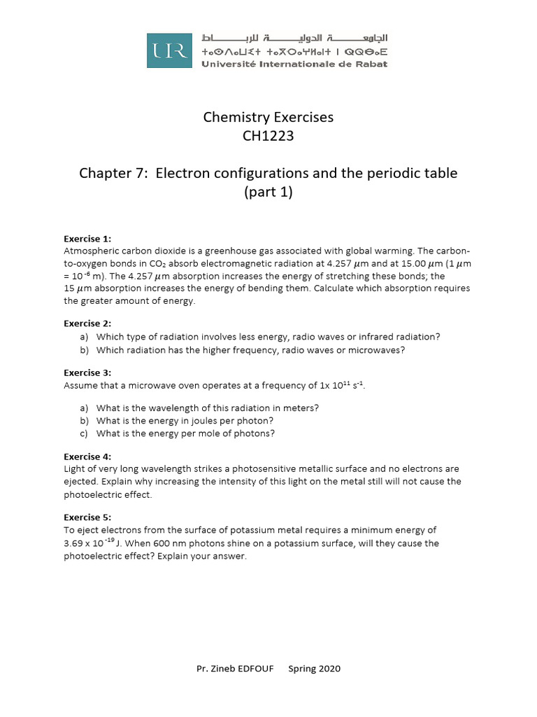 Chemistry Exercises-Chapter 7 | PDF | Electromagnetic Radiation | Electron