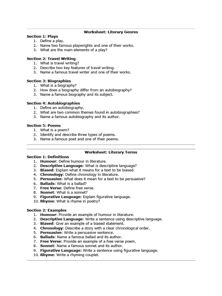 Literary Genres and Terms Worksheet | PDF