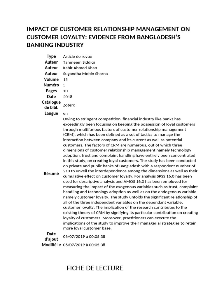 Fiche de Lecture Impact of Customer Relationship Management On Customer Loyalty Evidence From ...