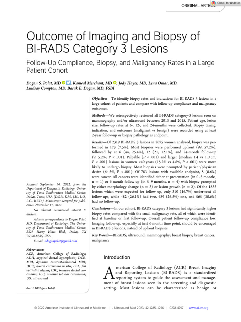 J of Ultrasound Medicine - 2022 - Polat - Outcome of Imaging and Biopsy of BI‐RADS Category 3 ...