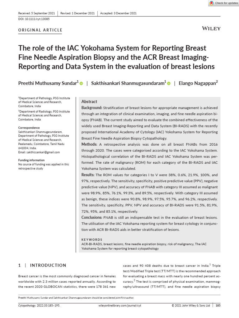 Cytopathology - 2021 - Sundar - The Role of The IAC Yokohama System For ...