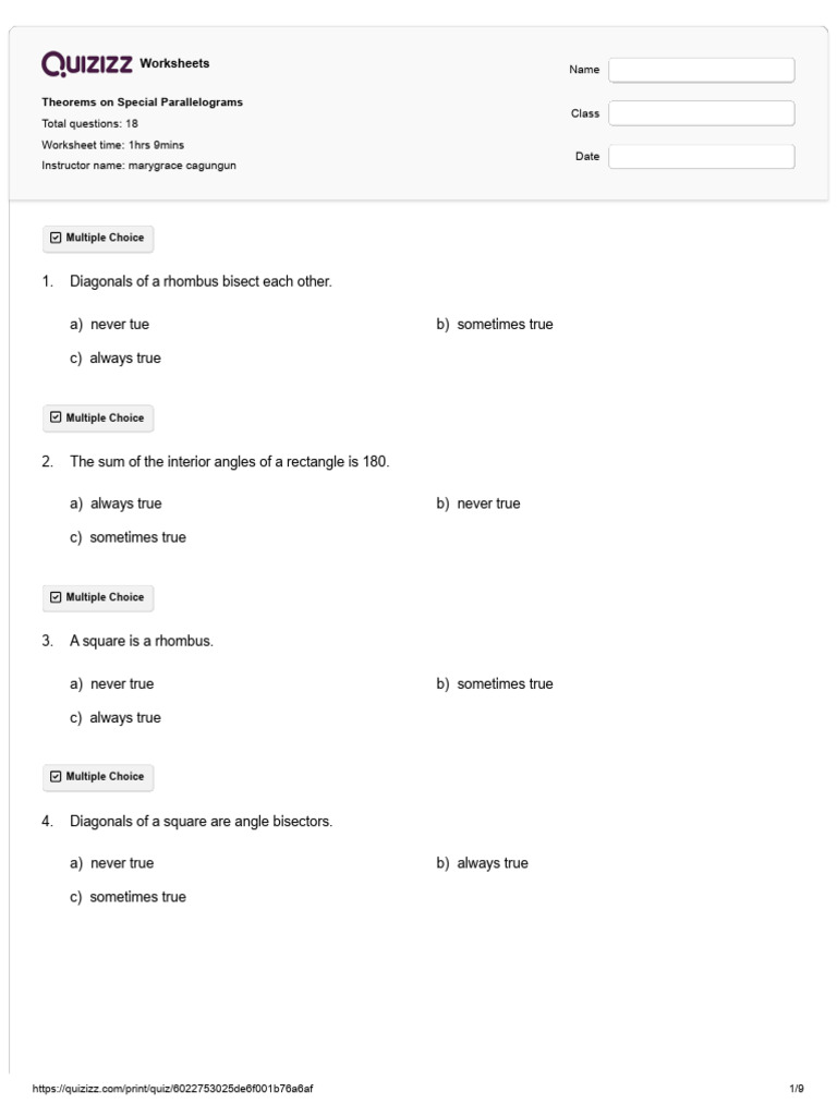 Special Parallelograms Quiz Worksheet | PDF | Rectangle | Geometry