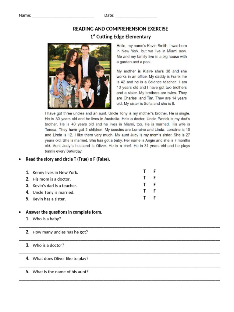 Reading and Comprehension Exercise - Kevin's Family-UNIT-2 | PDF