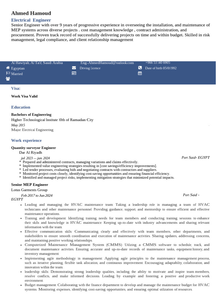CV 2024-07-02 Ahmed Hamoud | PDF | Regulatory Compliance | Leadership