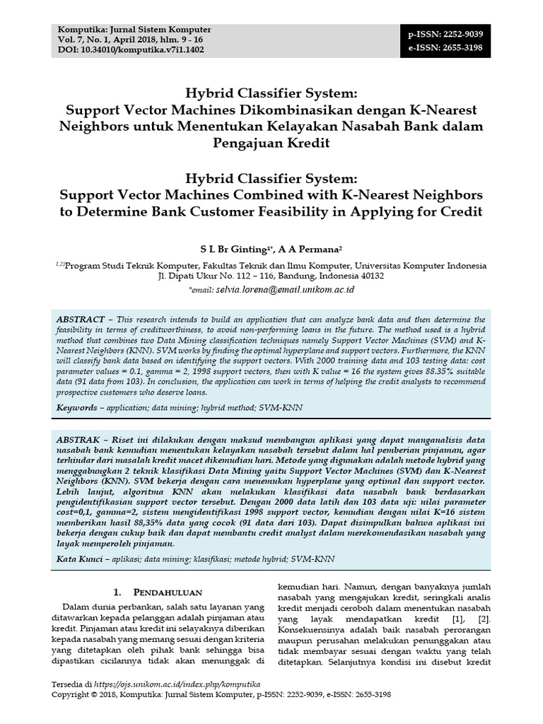 (S3 Komputika 2018 Ginting) Hybrid SVM KNN Nasabah Bank | PDF