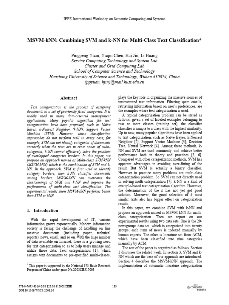 (IEEE Semantic 2008 Pingpen Yuan) MSVM-KNN Multi-Class Text Classification | PDF | Support ...