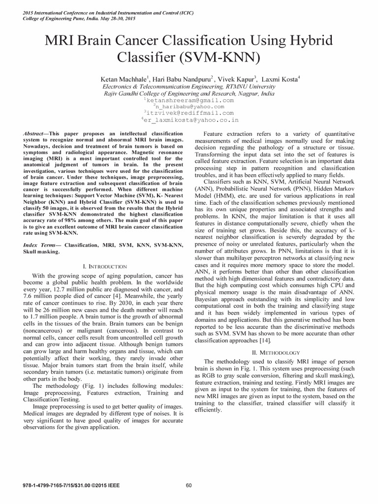 [IEEE ICIC 2015 Ketan Machhale] MRI Brain Cancer SVM-KNN | PDF | Support Vector Machine ...