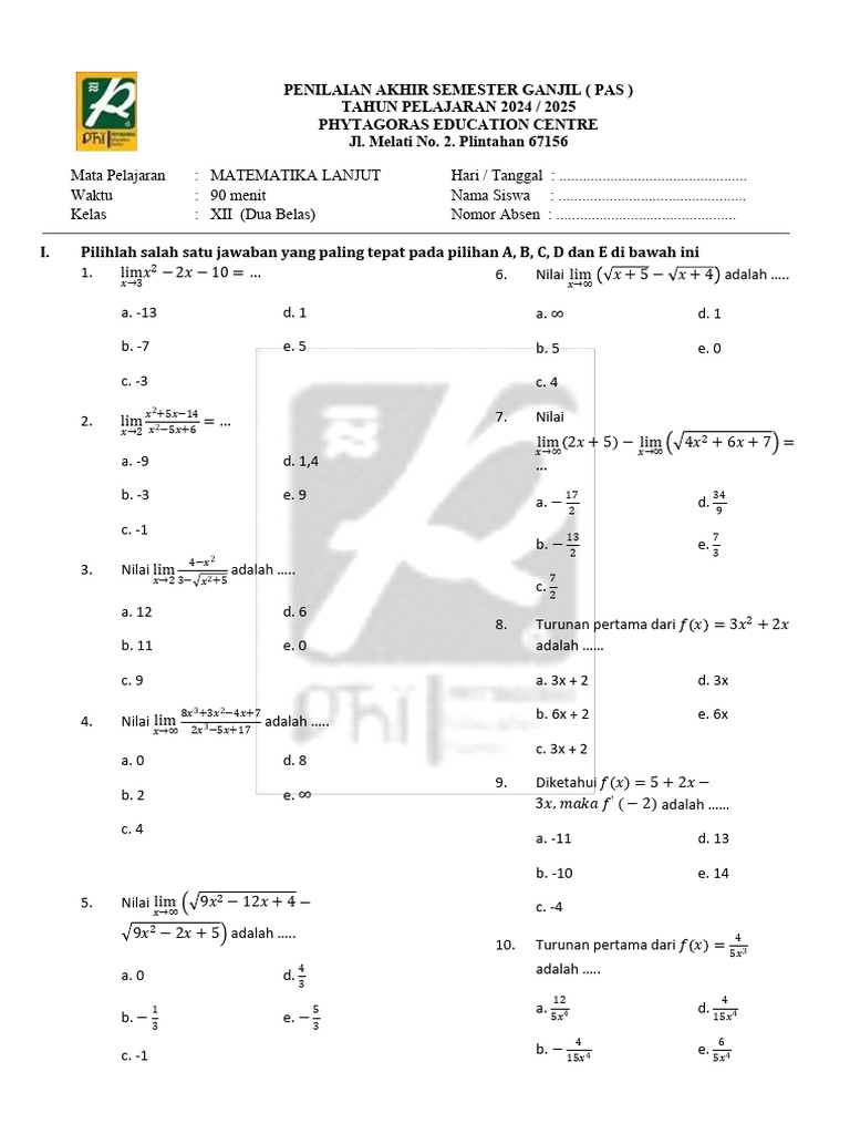 Matematika Lanjut XII Kurikulum Merdeka | PDF