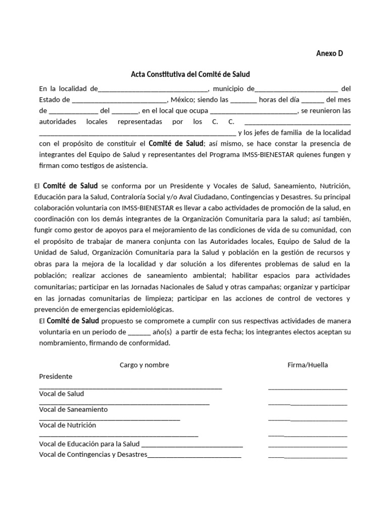 Anexo D Acta Constitutiva Del Comité de Salud | PDF