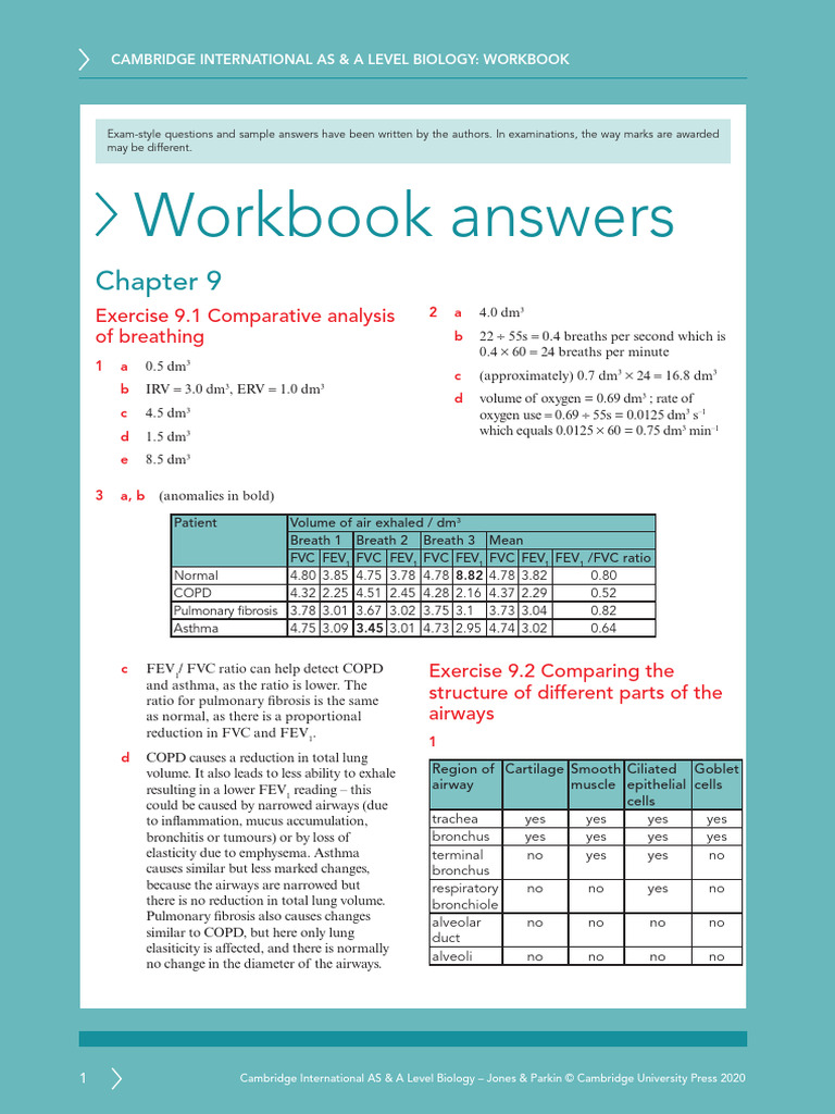 Workbook Exercise Answers Chapter 9 Asal Biology PDF | PDF | Respiratory Tract | Lung