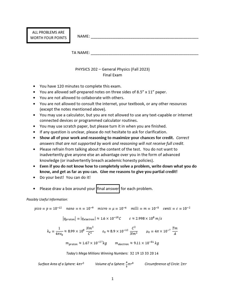 Solutions - Final Exam - Phy 202 - Fall 2023 | PDF | Electromagnetic ...