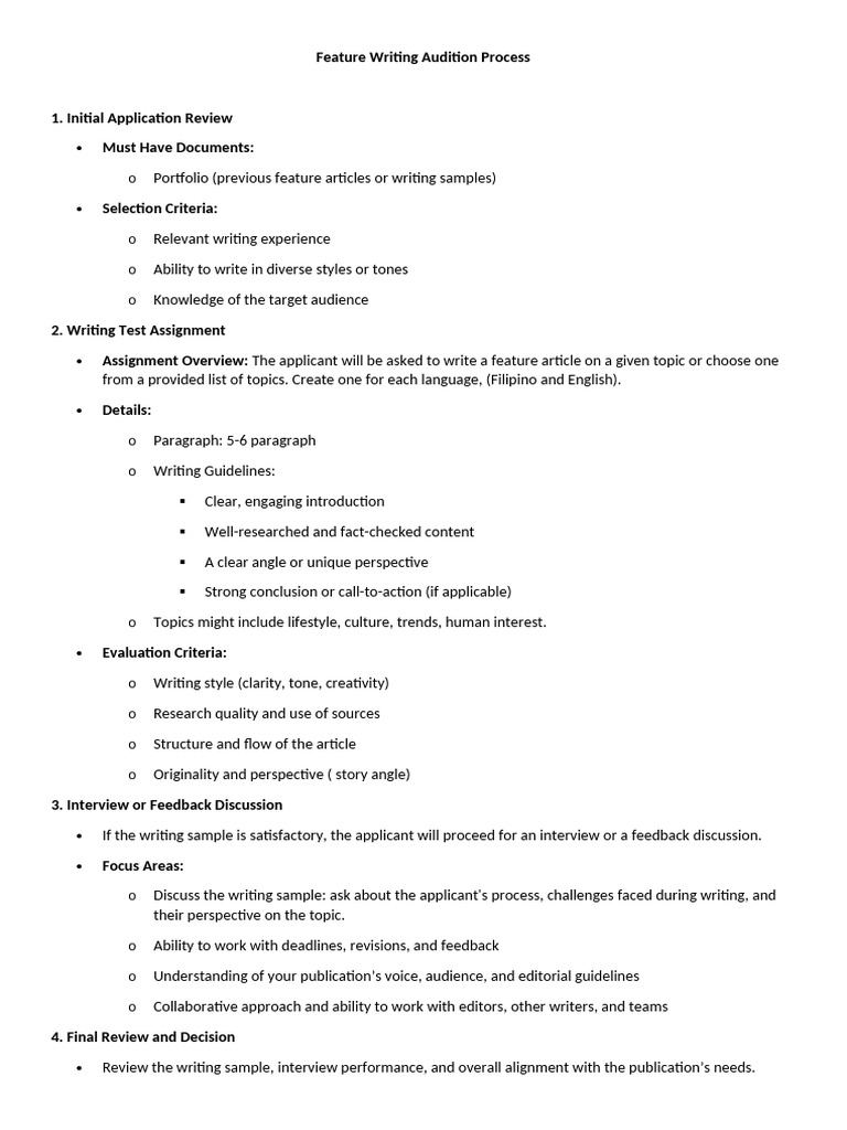 Feature Writing Audition Process | PDF | Cognition | Human Communication