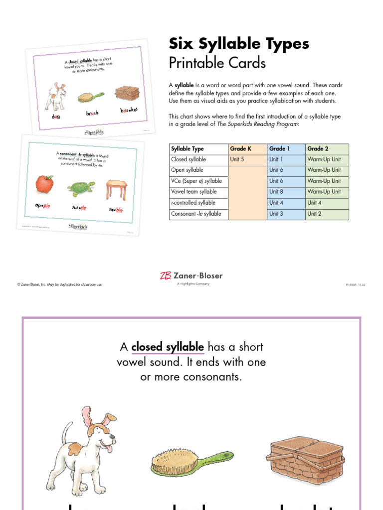 Superkids Six Syllable Types Printable Cards R1859A | PDF | Syllable ...