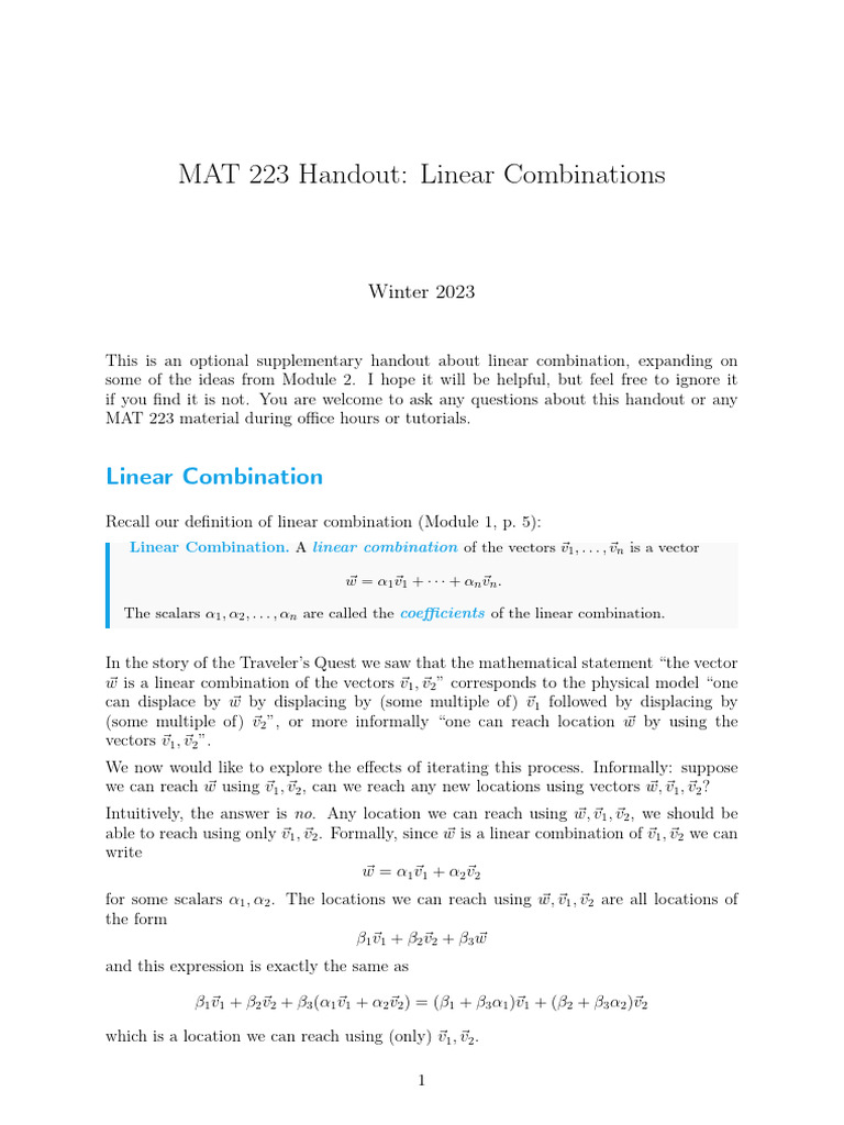 2 MAT223_Handout_LinearCombination Module 3 | PDF | Vector Space | Convex Set