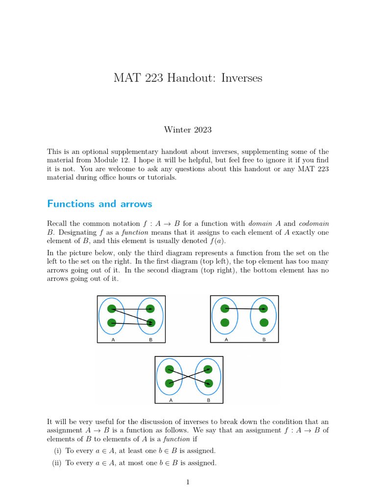 7 MAT223 - Handout - Inverses Module 12 | PDF | Function (Mathematics) | Algebra