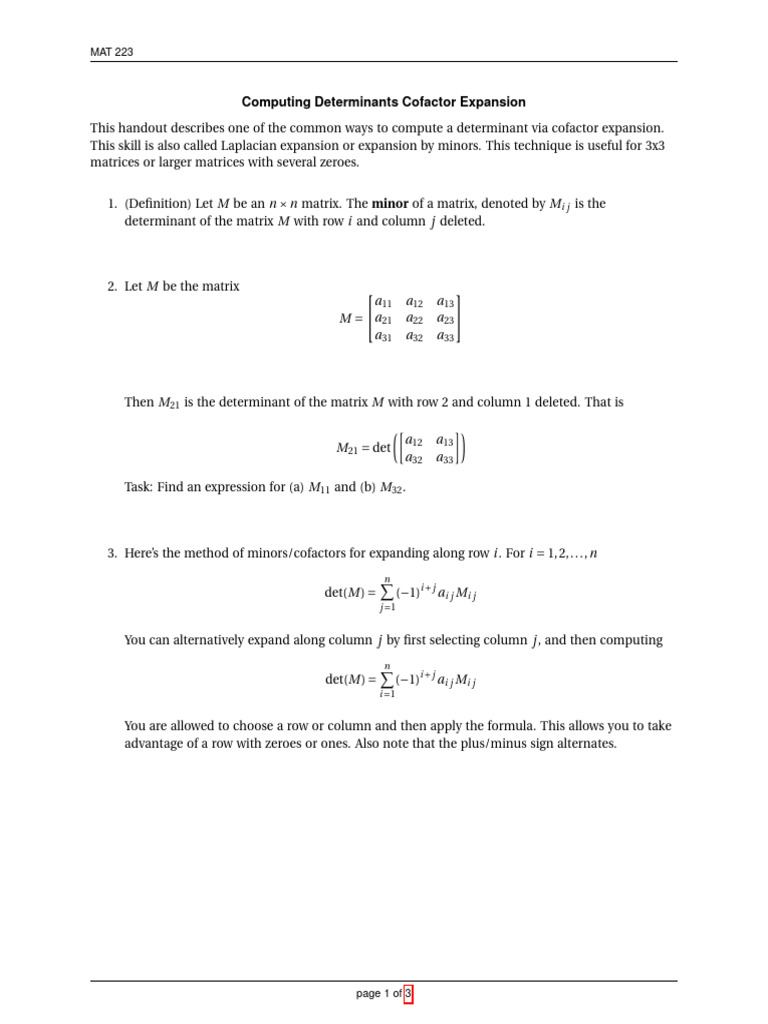 14 MAT - 223 - Determinant - Cofactor - Expansion | PDF | Algebra ...