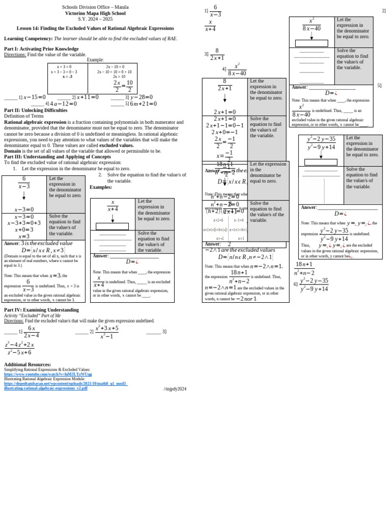 Excluded Values in Rational Expressions | PDF | Equations ...