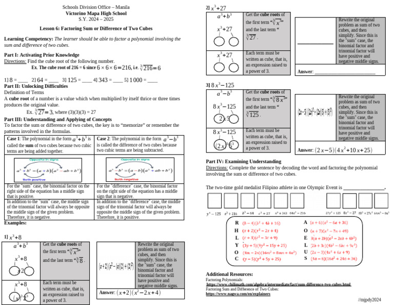 Factoring Sum & Difference of Cubes | PDF | Factorization | Polynomial