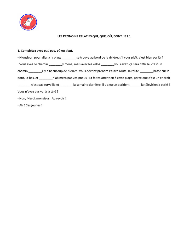 Exercices sur les pronoms relatifs B1.1 | PDF