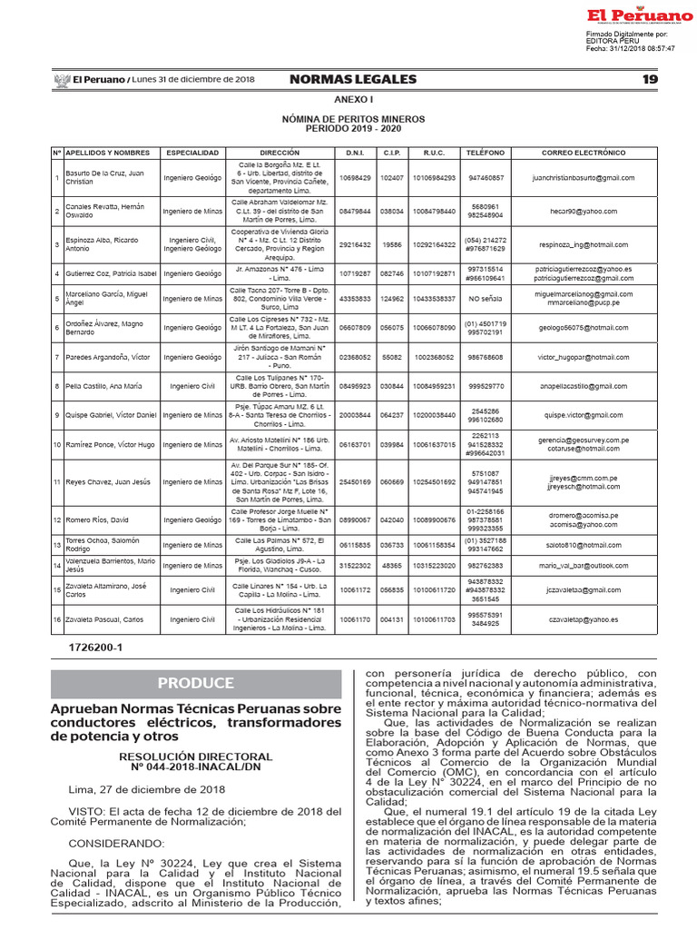 Nominación de Peritos Mineros 2019-2020 | PDF | Ministerio ...