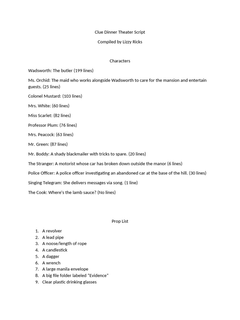 Clue Dinner Theater Script | PDF