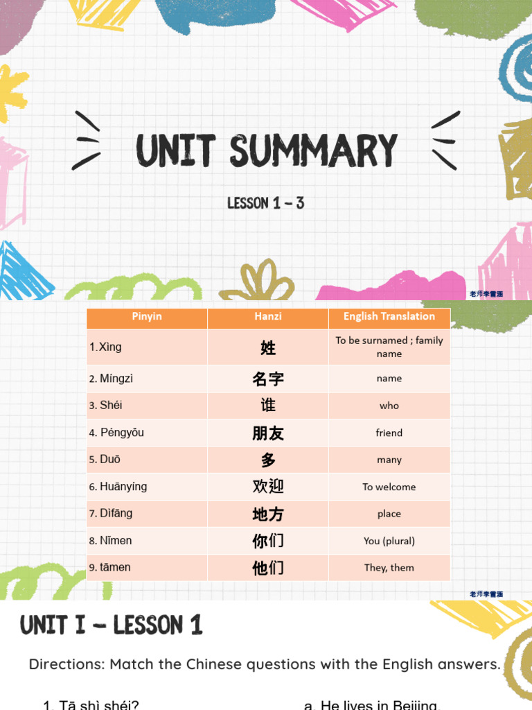 Mandarin 8 - Unit Summary 1 3 | PDF | Languages Of Singapore | Linguistics