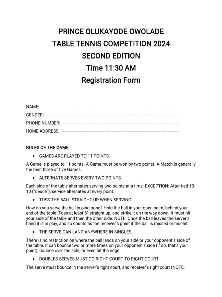 Table Tennis Registration Form 2024 | PDF | Table Tennis | Indoor Sports