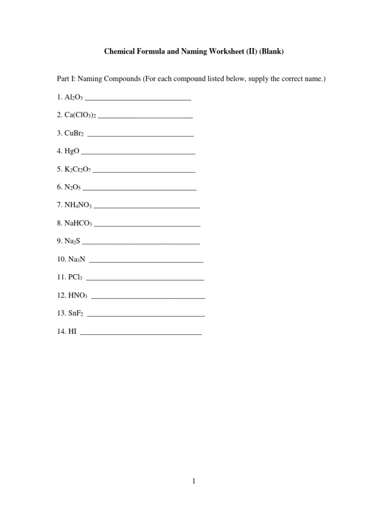 Chemical Formula and Naming Worksheet (II) (Mixed) (Blank) | PDF