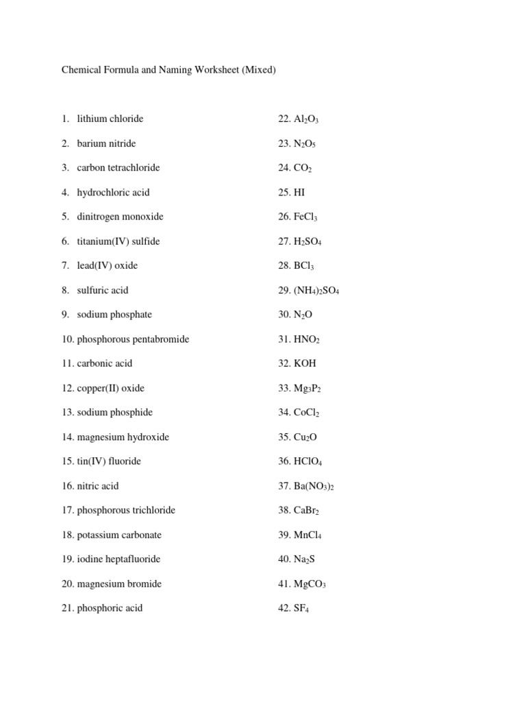 Chemical Formula and Naming Worksheet (I) (Mixed) (Blank) | PDF