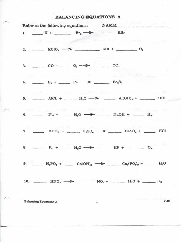 Balancing Equations Practice Sheets | PDF | Chemical Substances ...