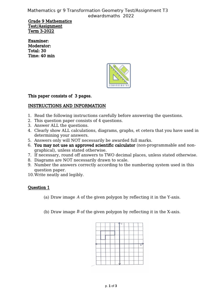 Grade 9 Transformation Geometry Test | PDF | Cartesian Coordinate ...