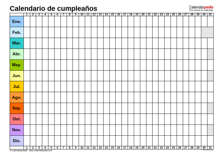 Calendario de Cumpleanos Horizontal Dias Alineados Linealmente | PDF
