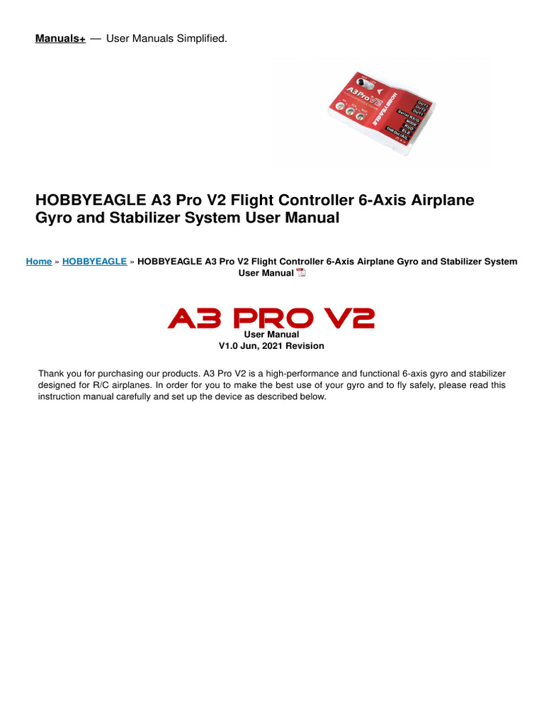 A3 Pro v2 Flight Controller 6 Axis Airplane Gyro and Stabilizer System Manual | PDF | Gyroscope ...