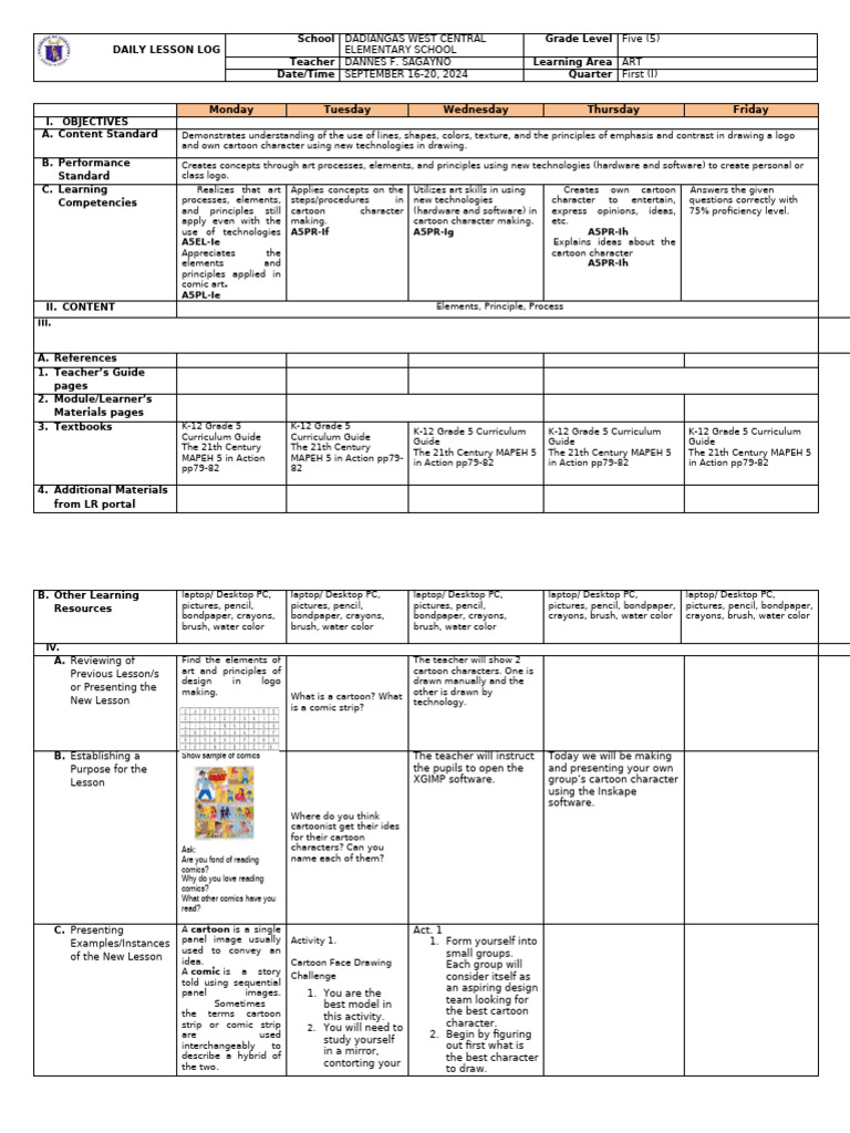 Art 1st Grading DLL 2nd WEEK | PDF | Cartoon | Curriculum