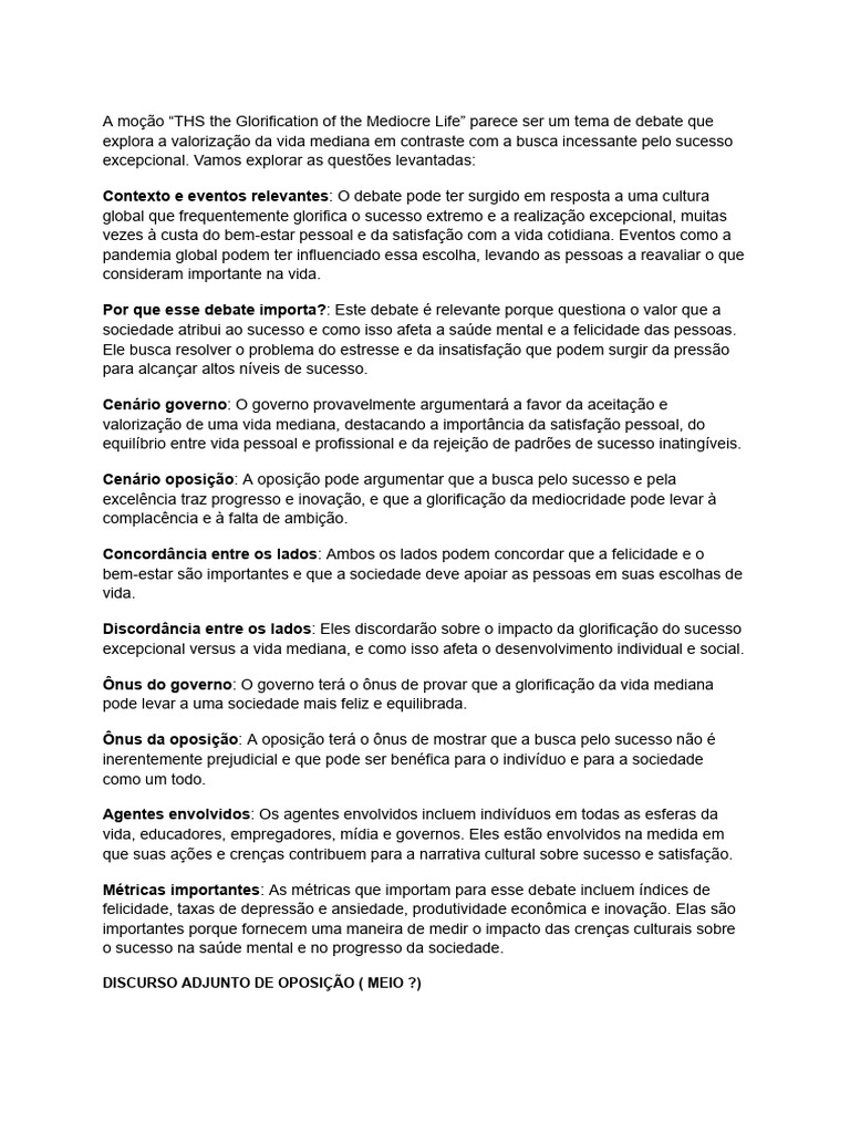 Glorificação da Vida Mediana em Debate | PDF | Dinheiro | Família