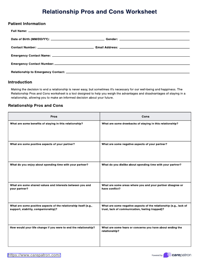 Relationship Pros and Cons Worksheet | PDF | Social Psychology | Psychology
